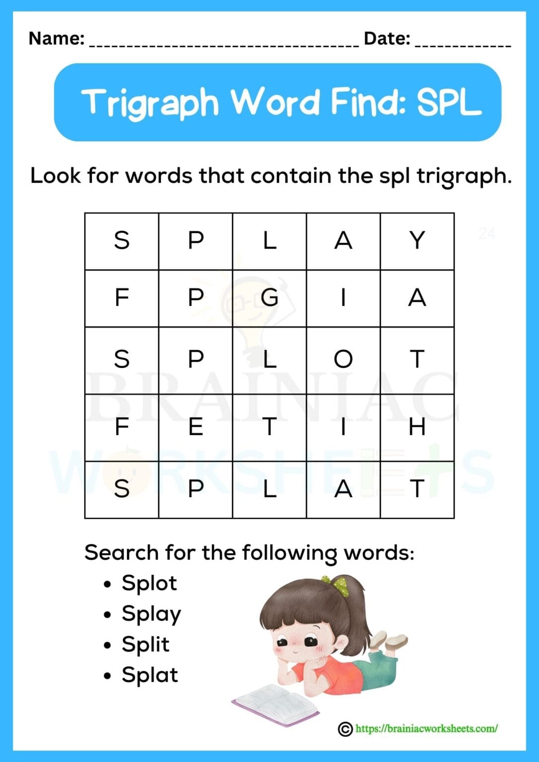 Trigraph SPL Word Search English Worksheet For Class 1 - Brainiac ...