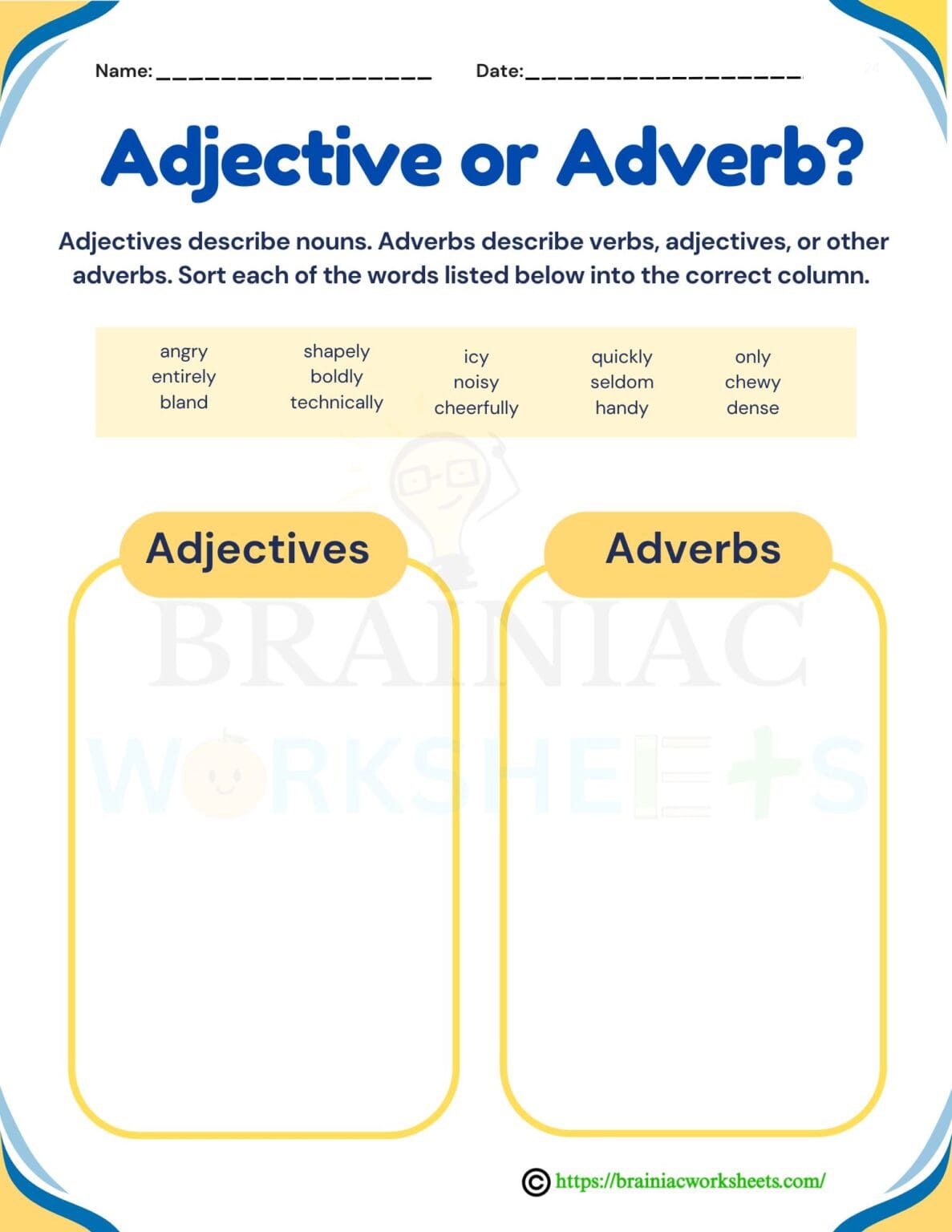 Adjective Or Adverb Word Sorting English Worksheet For Class 3 ...