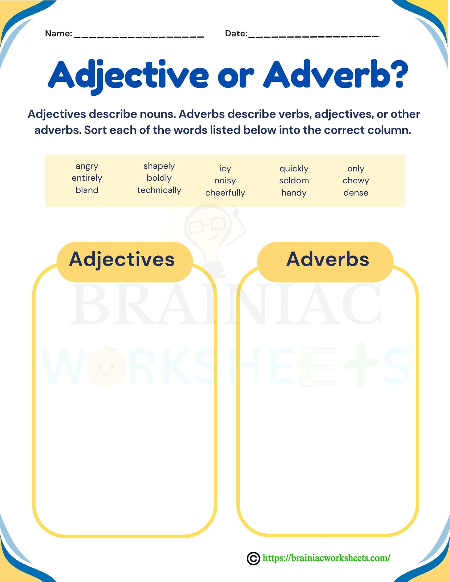 Adjective Or Adverb Word Sorting English Worksheet For Class 3 ...