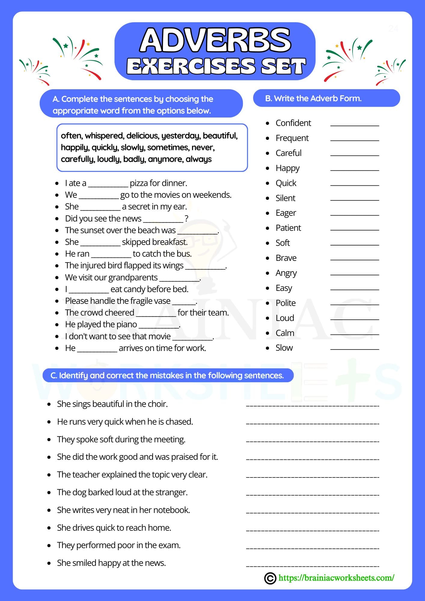 Adverbs Exercises English Worksheet For Class 4 - Brainiac Worksheets