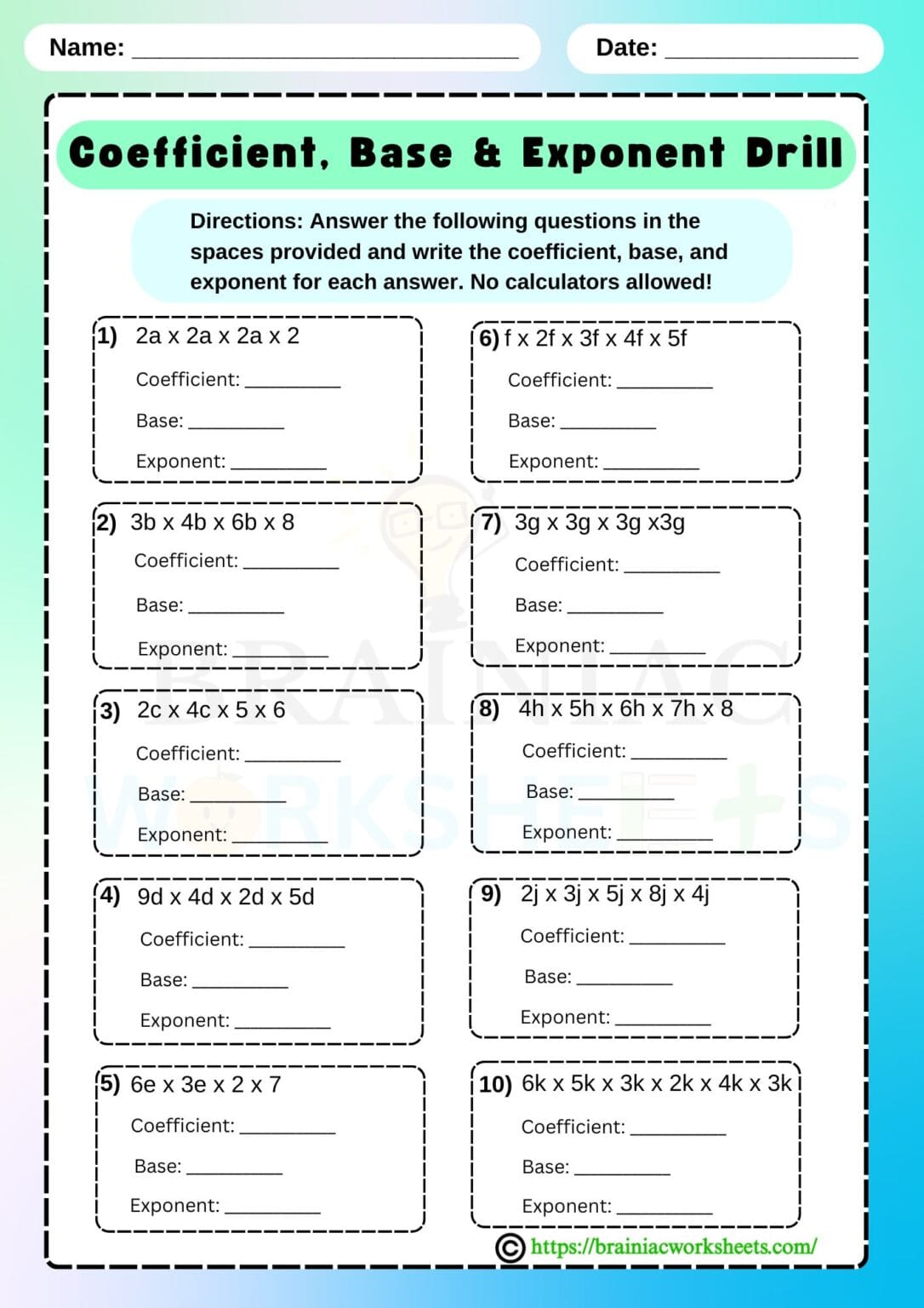 Coefficient Base And Exponent Drill Maths Worksheet For Class 5 ...