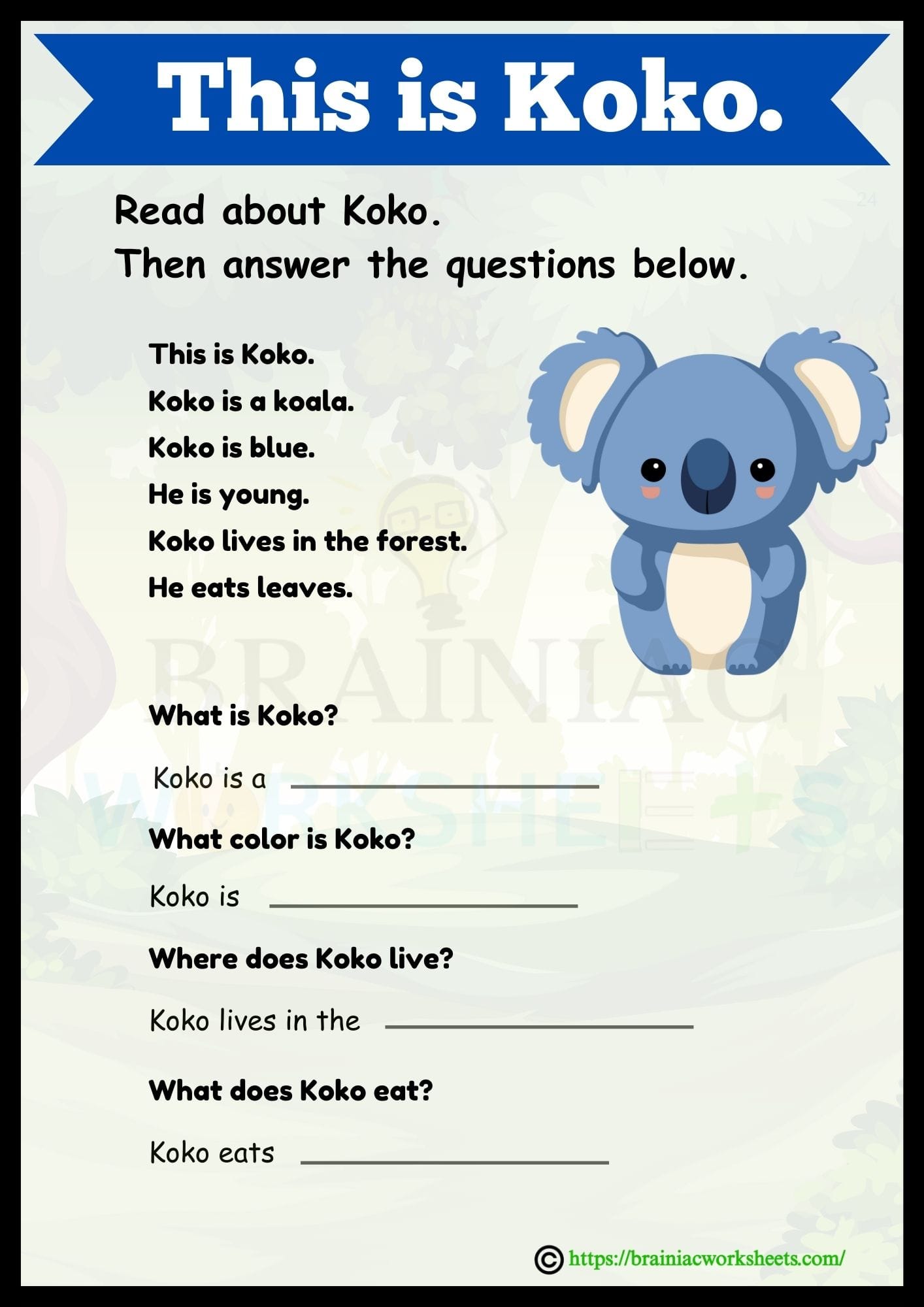 Koala Reading Comprehension English Worksheet For Class 1 - Brainiac ...