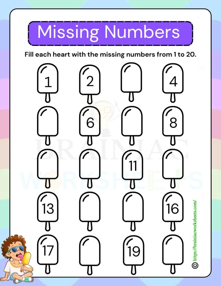 Missing Numbers 1 To 20 Ukg Maths Worksheet - Brainiac Worksheets