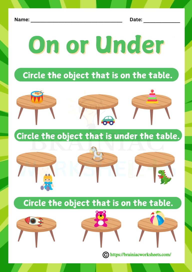 On Or Under Preposition Ukg English Worksheet - Brainiac Worksheets
