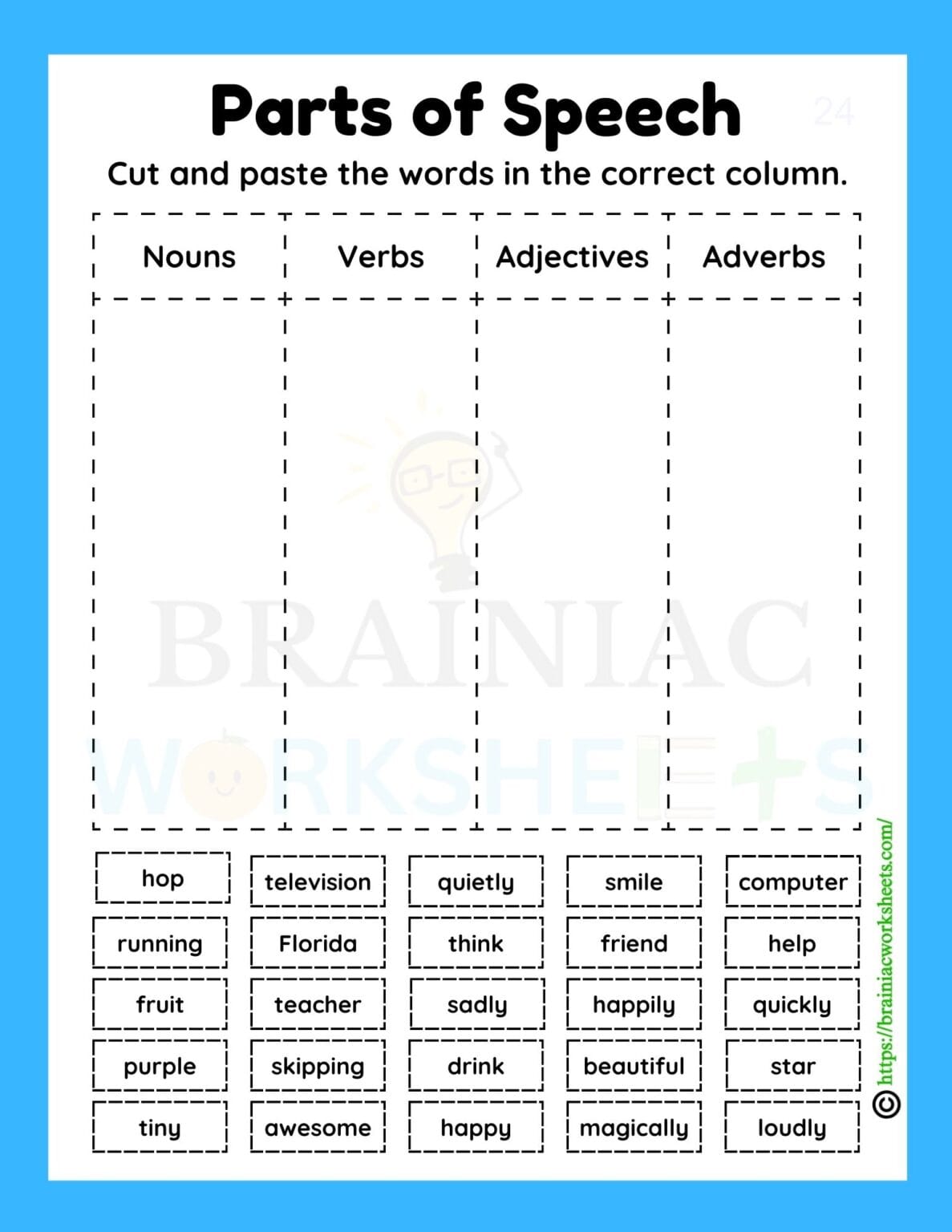 Parts of Speech Noun Verb Adjective Adverb Cut And Paste English ...