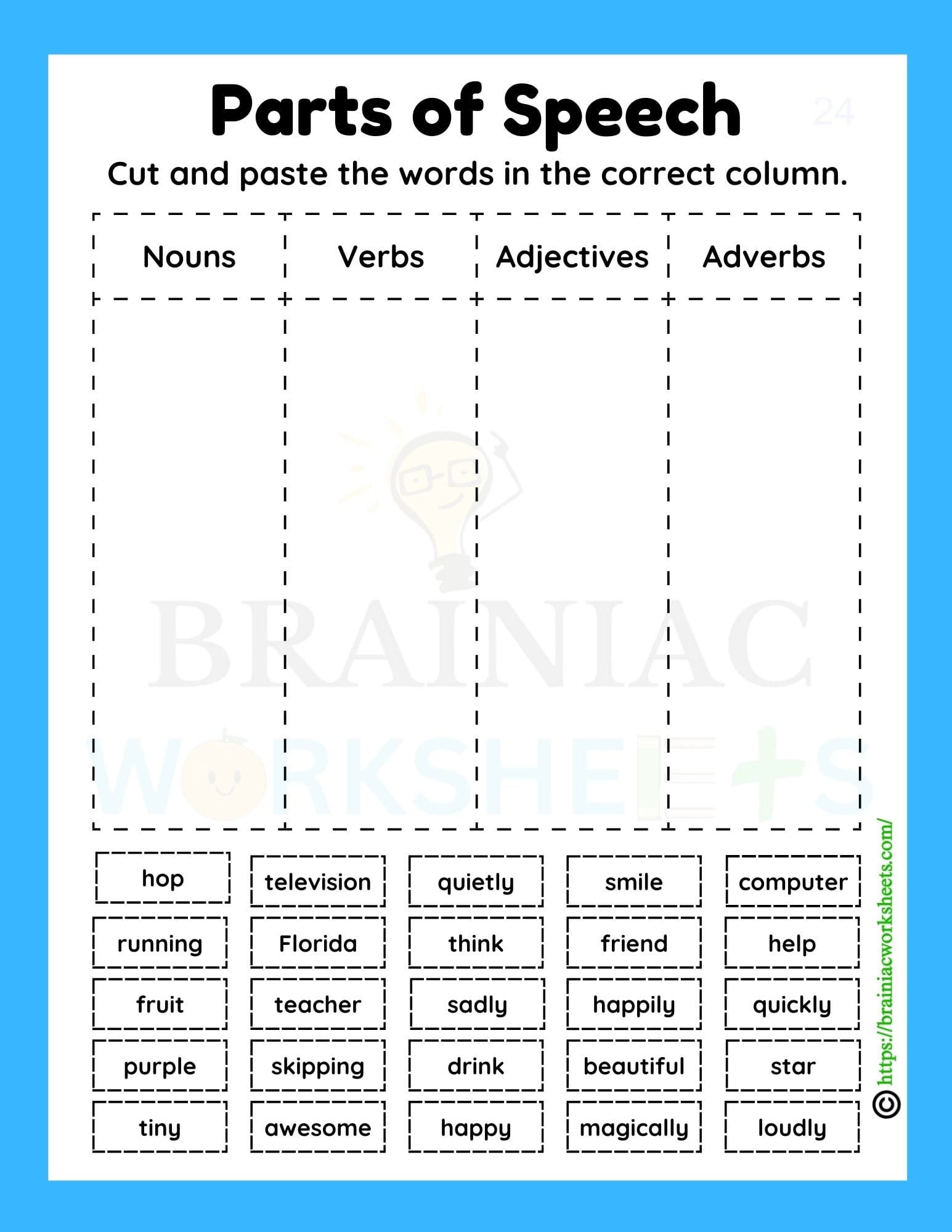 Parts of Speech Noun Verb Adjective Adverb Cut And Paste English ...