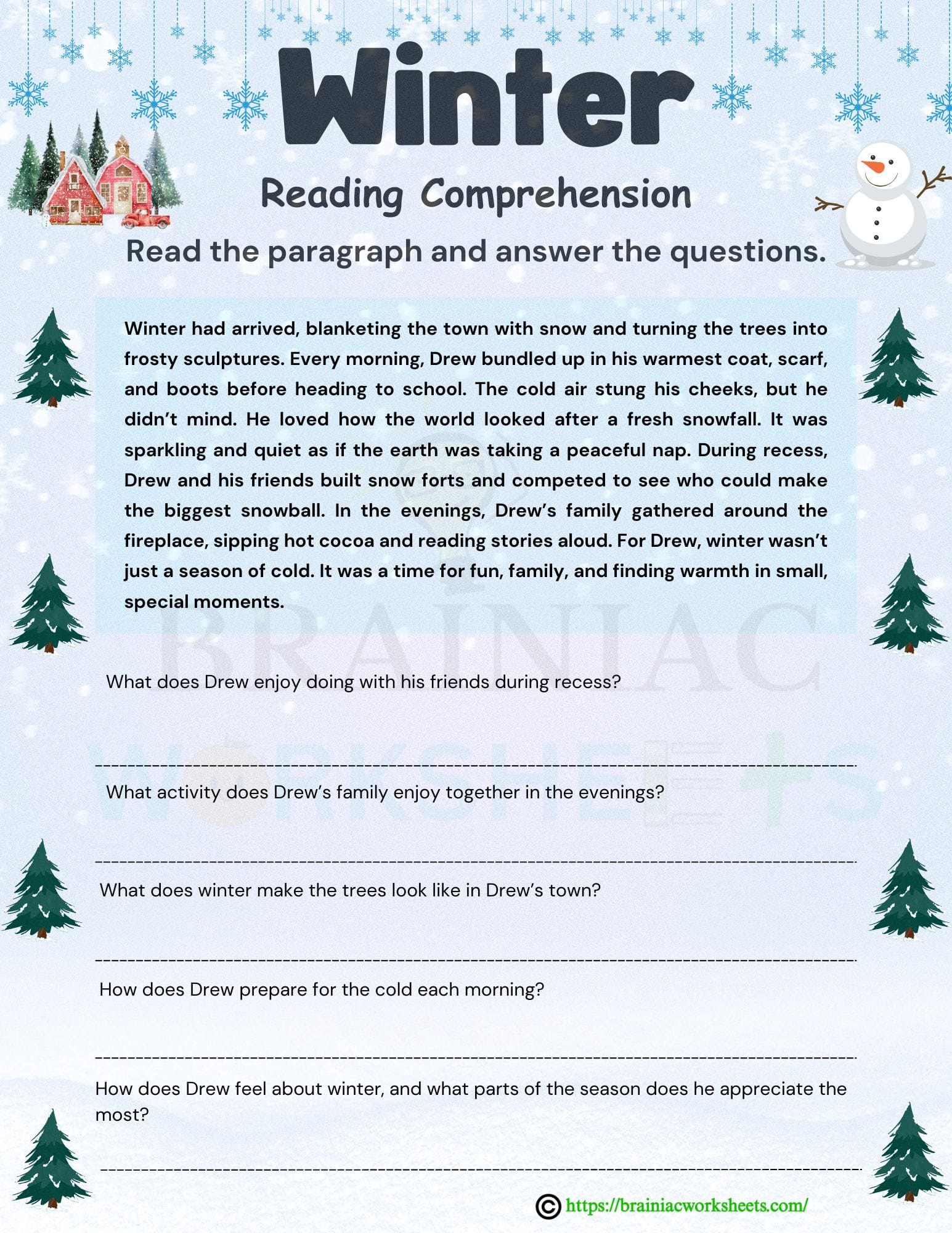 Winter Reading Comprehension Worksheet