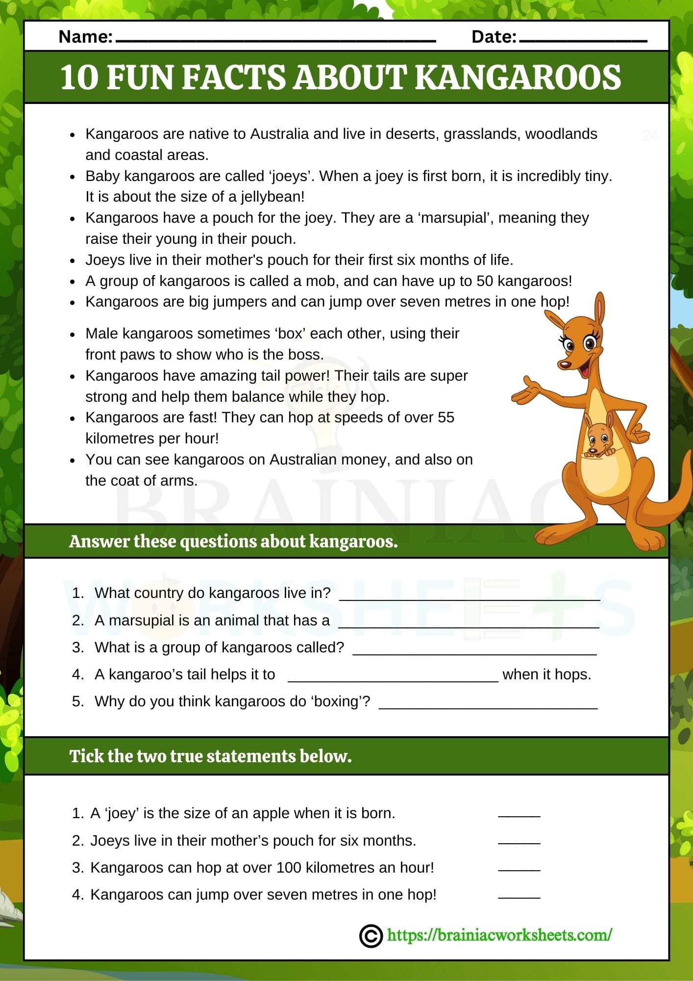 10 Fun Facts Reading Comprehension Kangaroo English Worksheet For Class ...