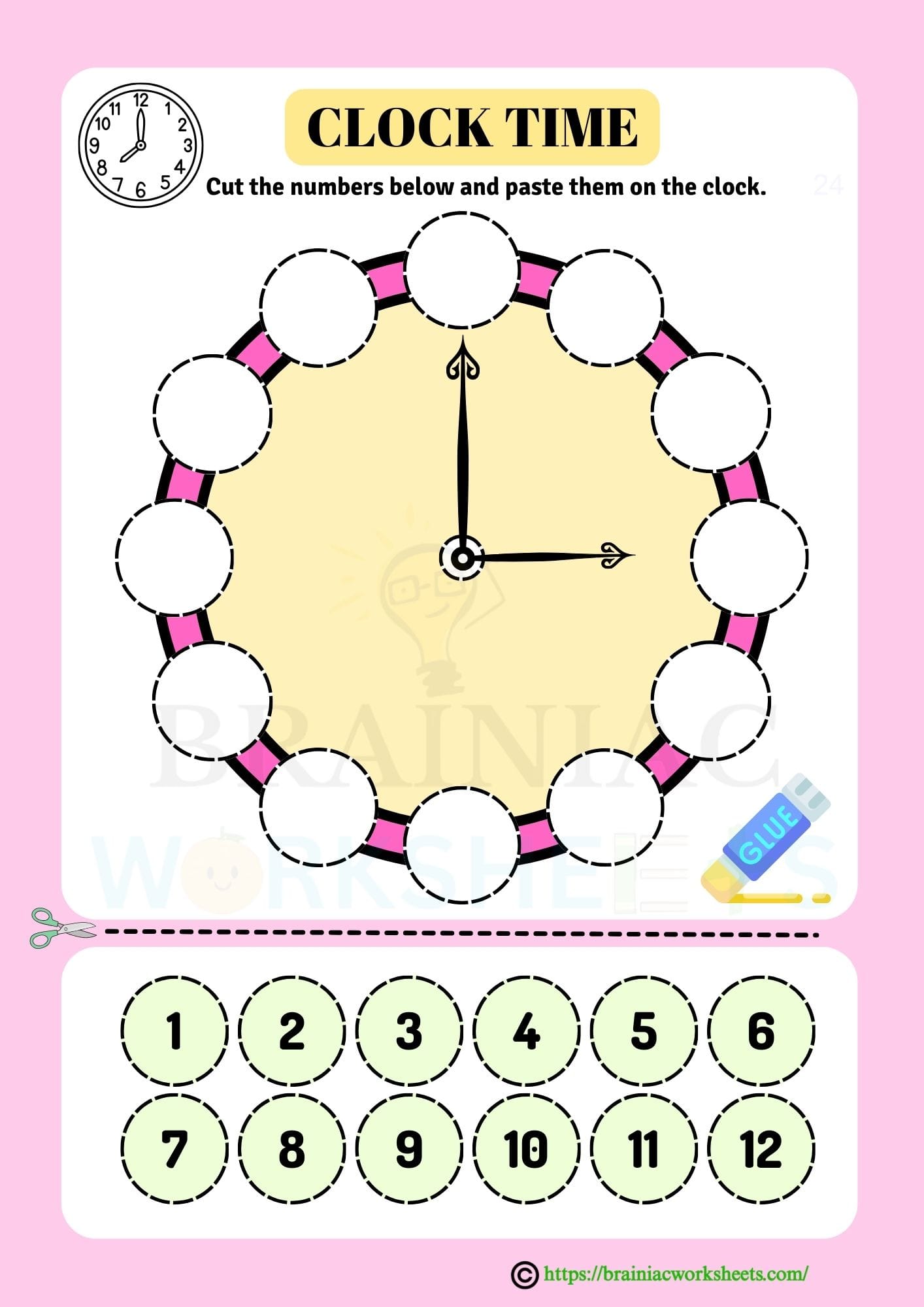 Clock Time Cut And Paste Maths Worksheet For Class 2 - Brainiac Worksheets