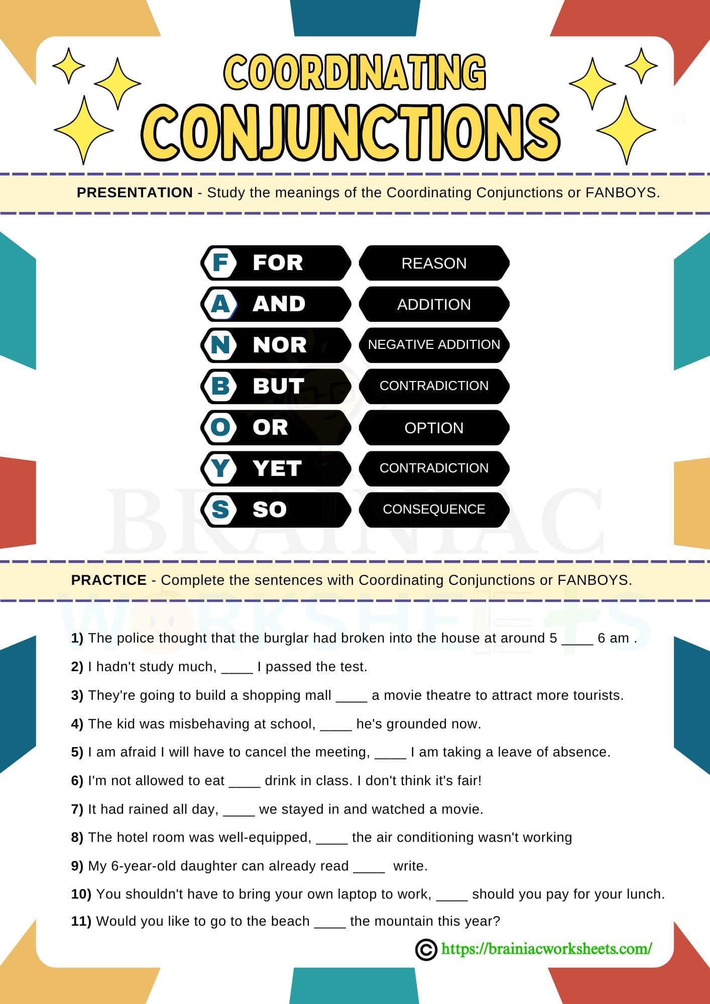 Coordinating Conjunctions FANBOYS English Worksheet For Class 4 ...