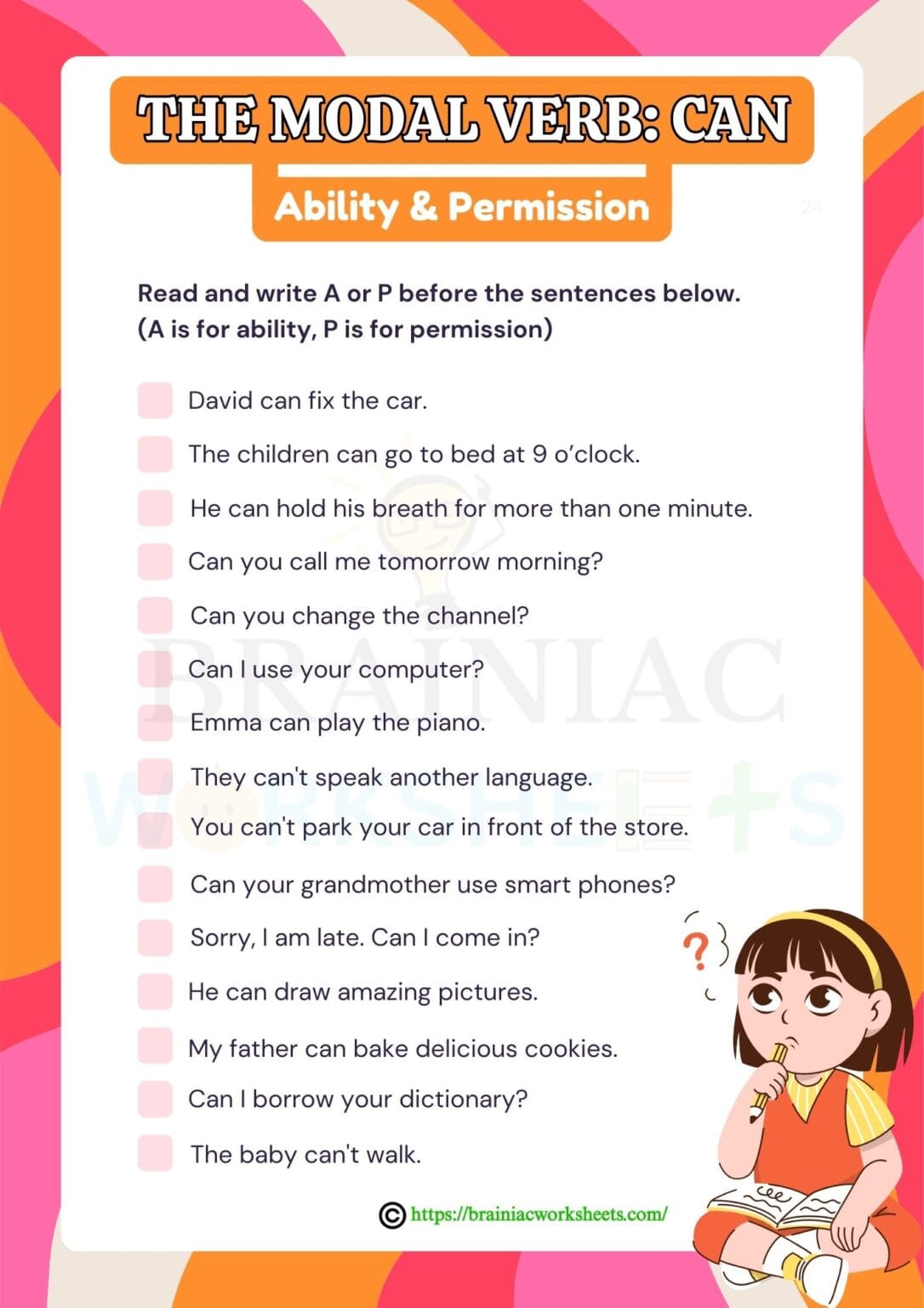 Grammar Modal Verb Can English Worksheet For Class 4 - Brainiac Worksheets