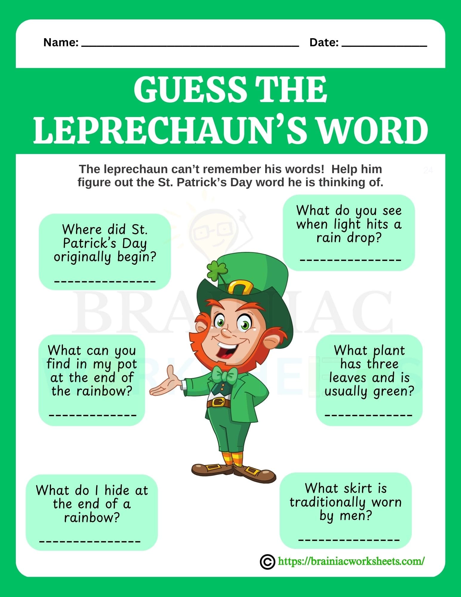 Guess The Leprechaun’s Word Vocabulary GK Worksheet For Class 5 ...