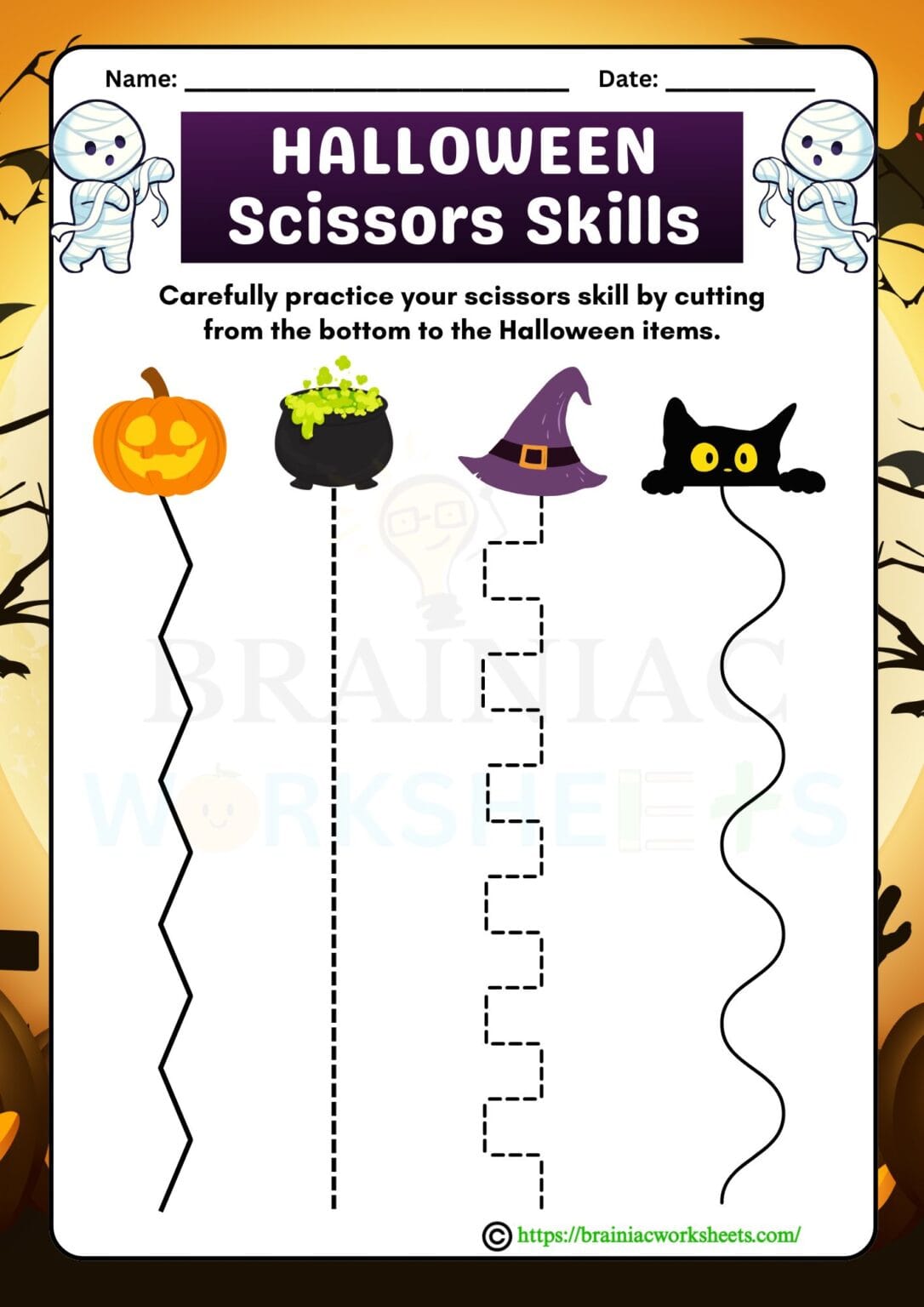 Halloween Scissors Skills Drawing Worksheet For Class 1 - Brainiac ...