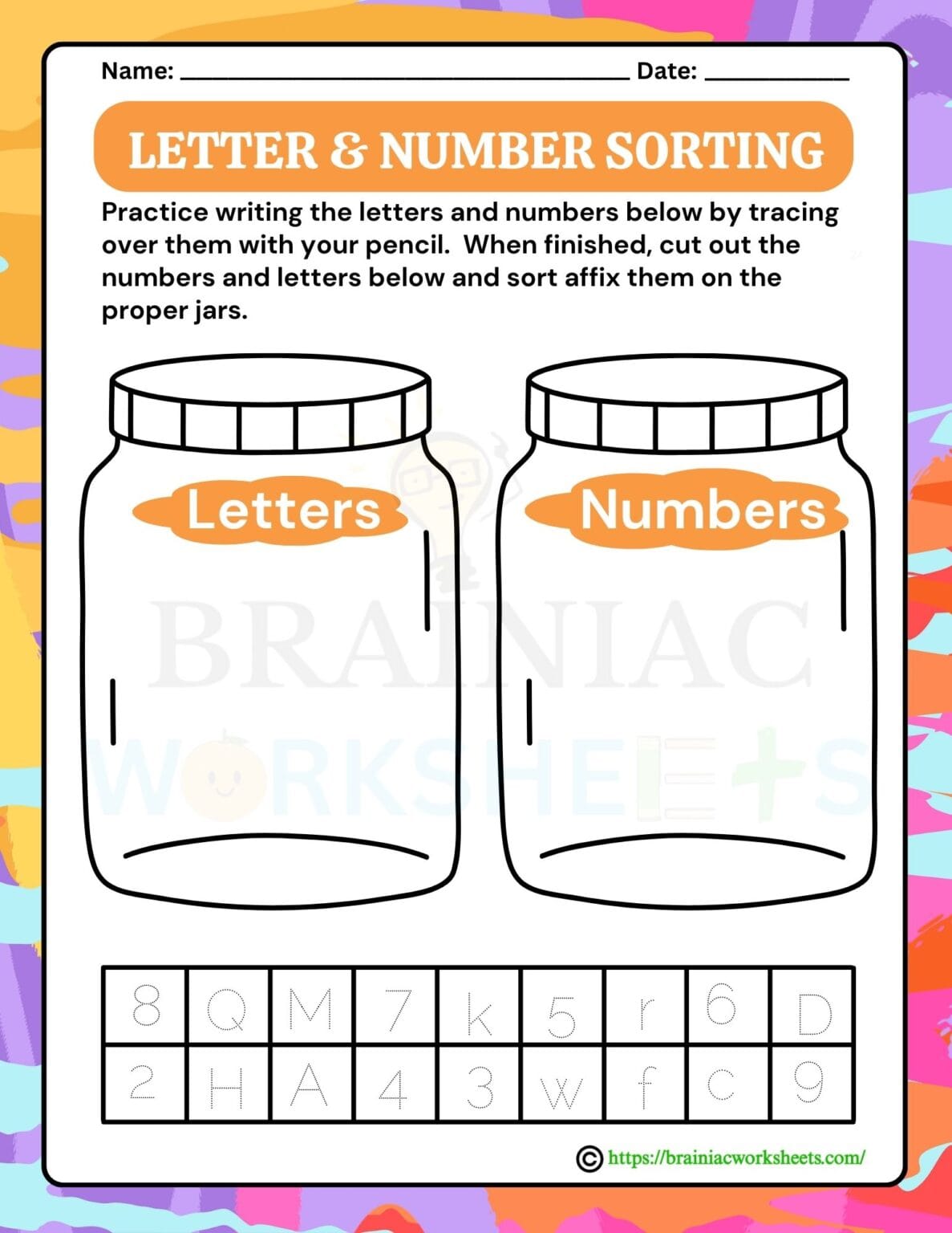 Letters And Numbers Jar Sorting Cut And Paste Activity Ukg GK Worksheet ...