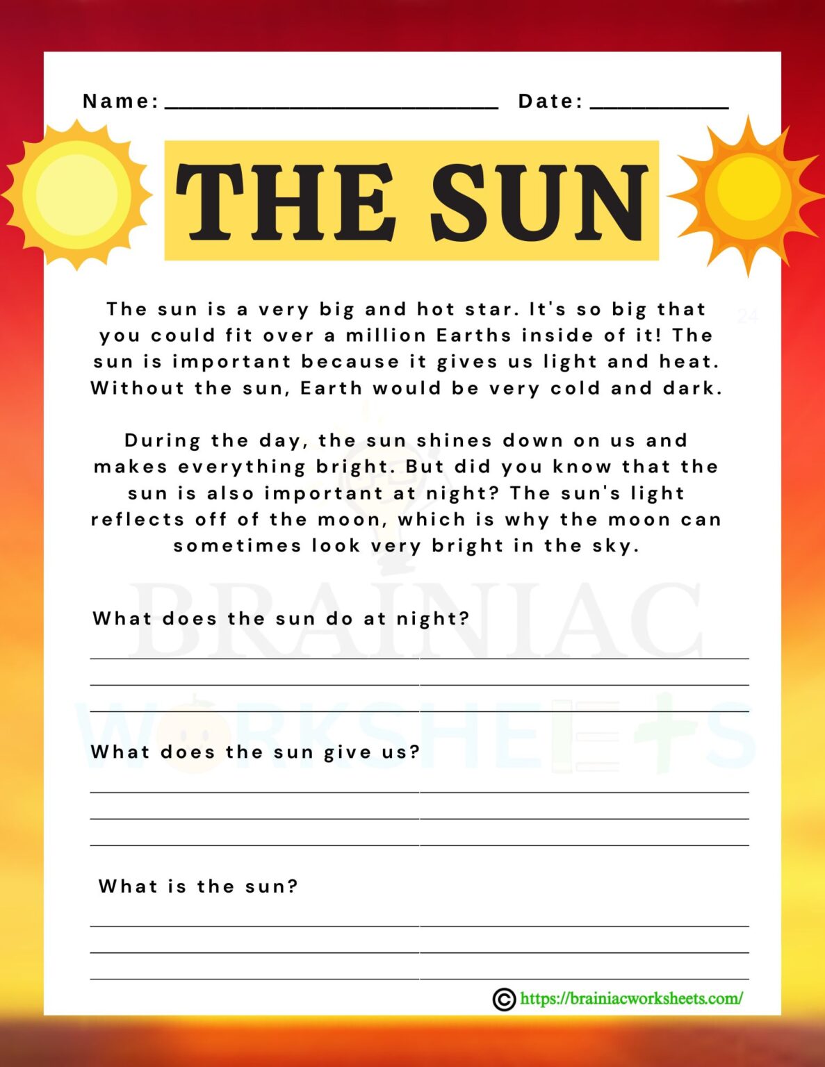 Sun Reading Comprehension English Worksheet For Class 1 - Brainiac ...