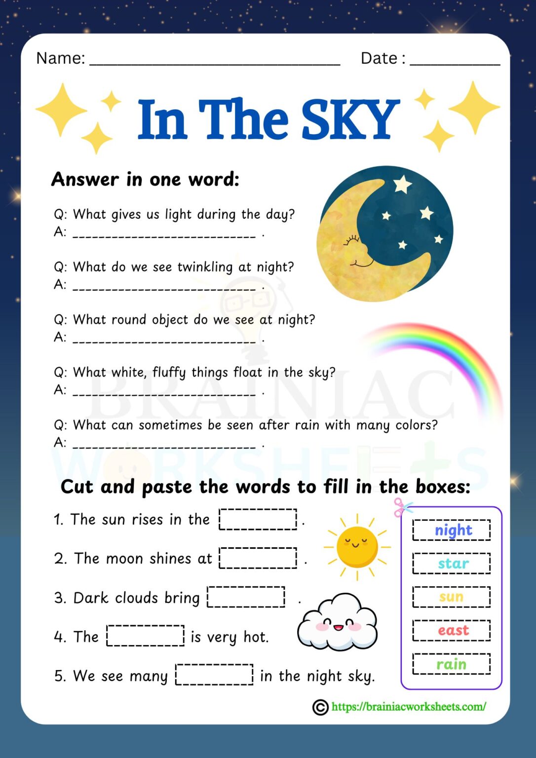 In The Sky EVS Worksheet For Class 1 - Brainiac Worksheets