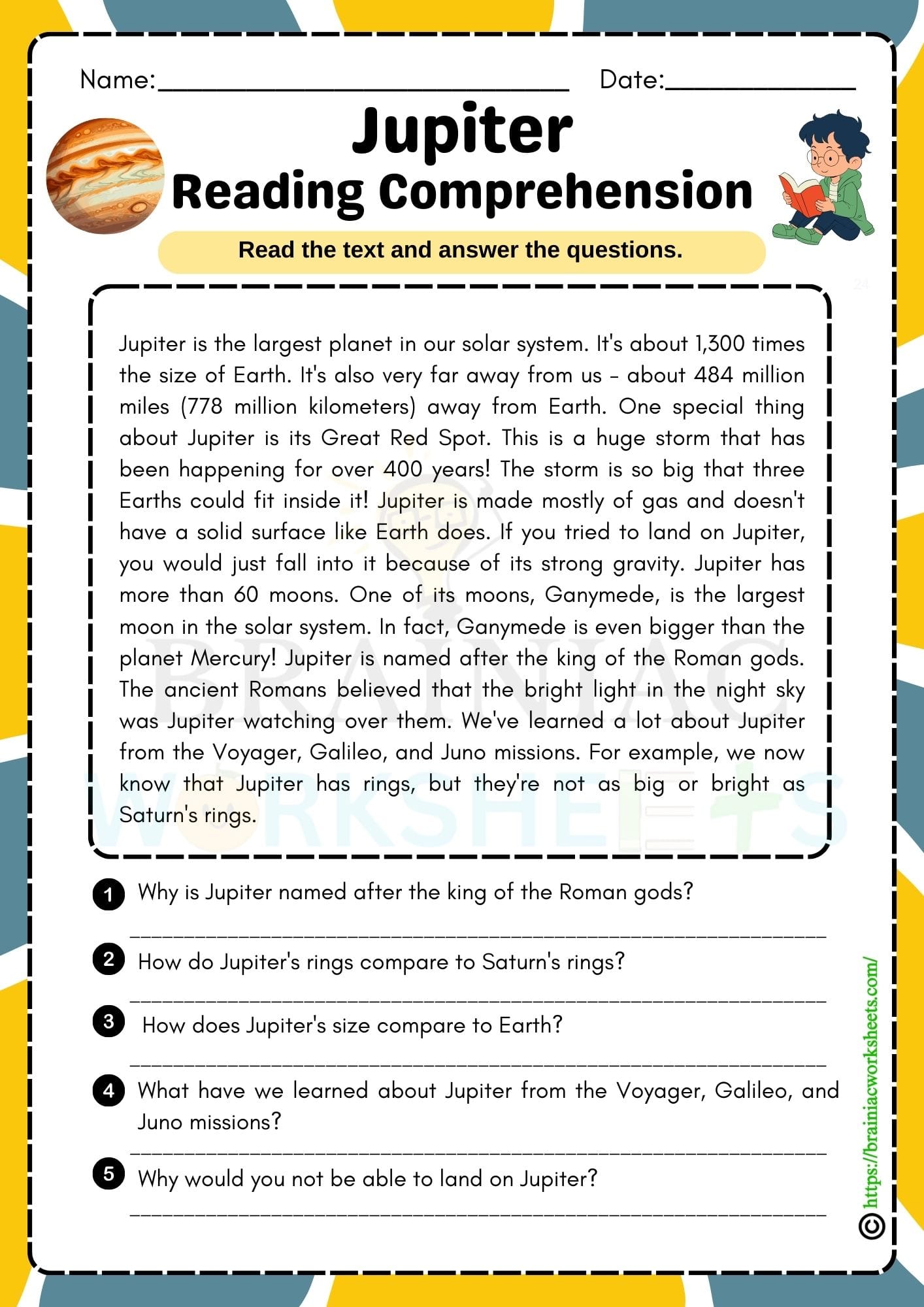 Planet Jupiter Reading Comprehension English Worksheet For Class 5 ...