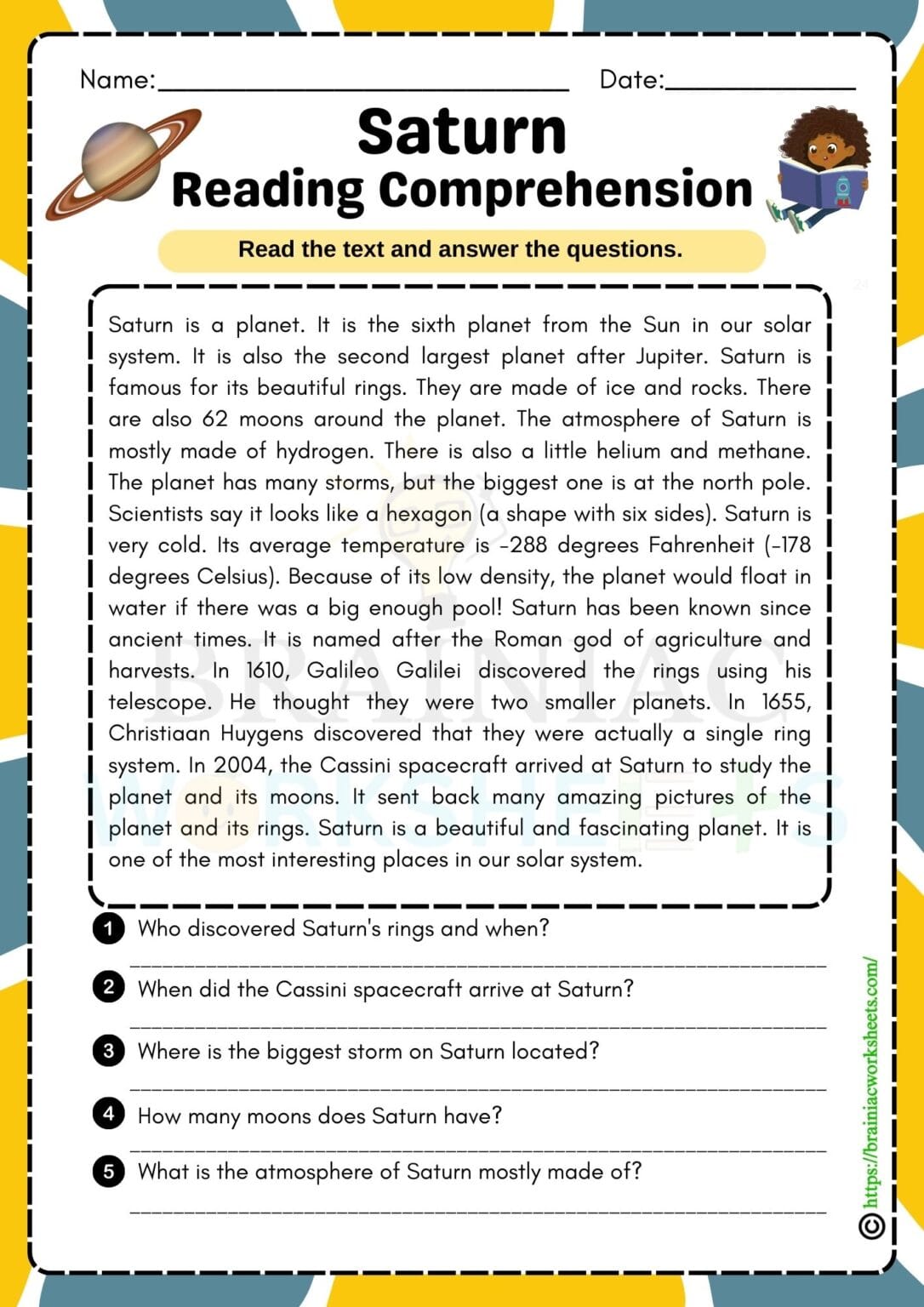 Planet Saturn Reading Comprehension English Worksheet For Class 5 ...