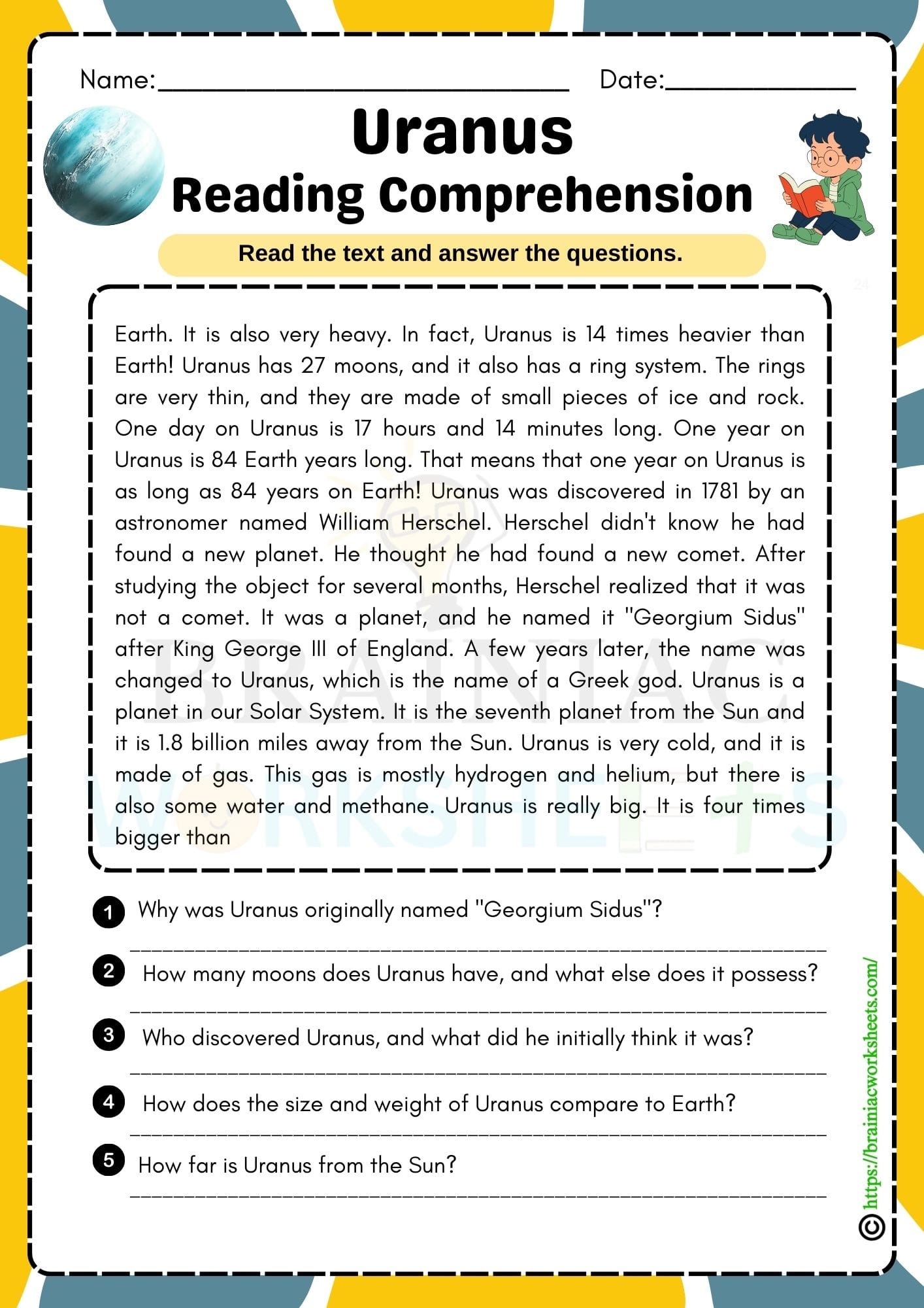 Planet Uranus Reading Comprehension English Worksheet For Class 5 ...