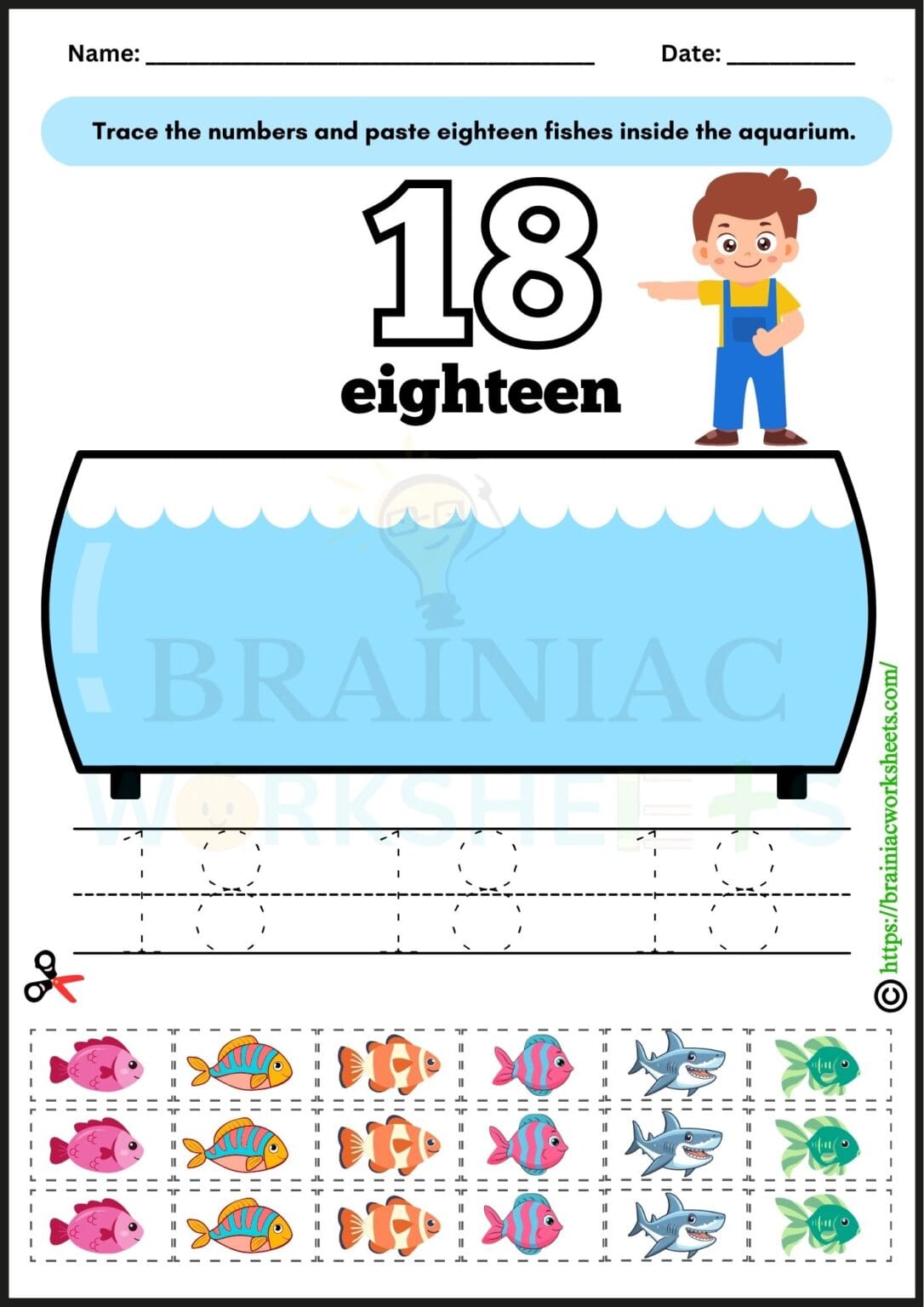 Trace, Cut, And Paste Number 18 Lkg Maths Worksheet - Brainiac Worksheets
