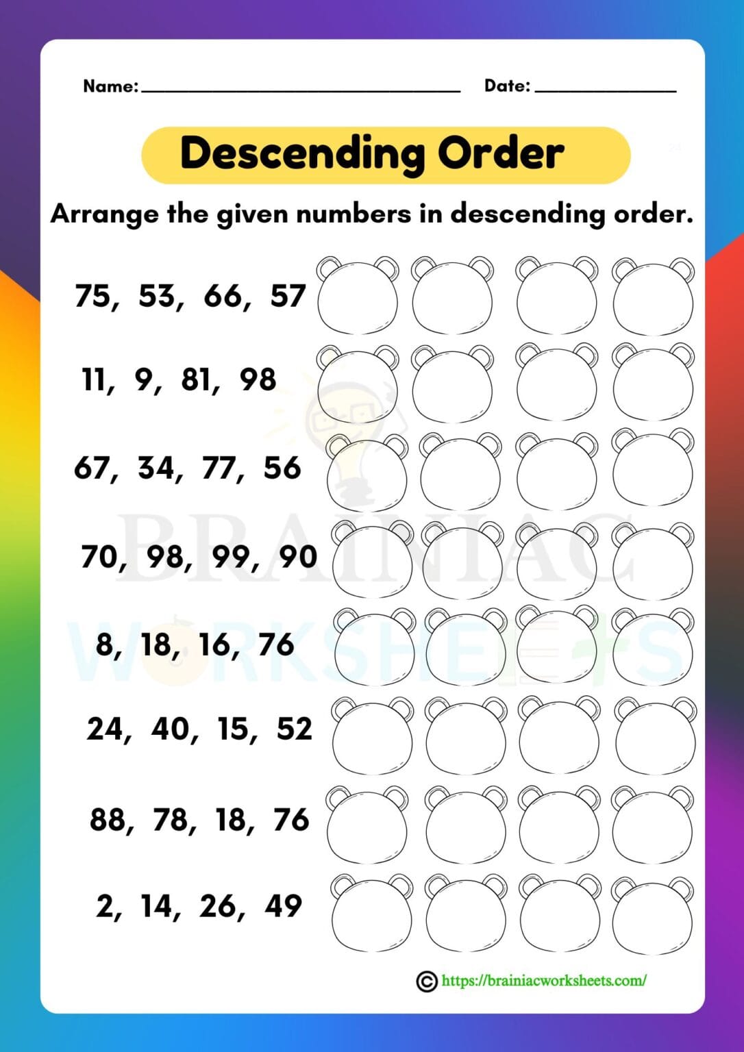 Descending Order Maths Worksheet For Class 2 - Brainiac Worksheets