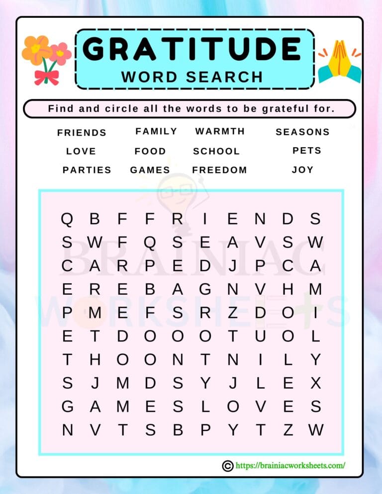 Gratitude Word Search English Worksheet For Class 1 - Brainiac Worksheets