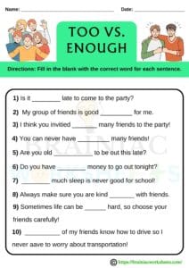 Too Vs Enough Grammar English Worksheet For Class 3 - Brainiac Worksheets