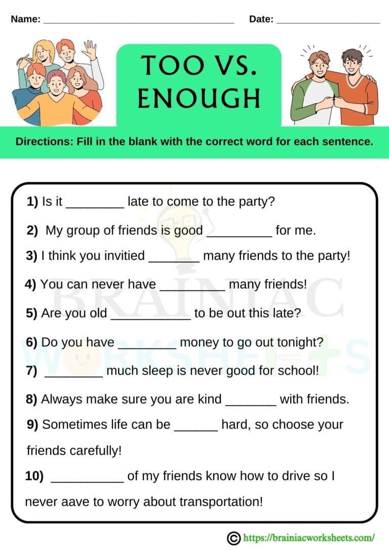 Too Vs Enough Grammar English Worksheet For Class 3 - Brainiac Worksheets