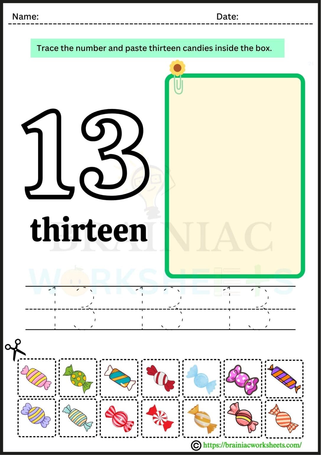 Trace, Cut, And Paste Number 13 Lkg Maths Worksheet - Brainiac Worksheets