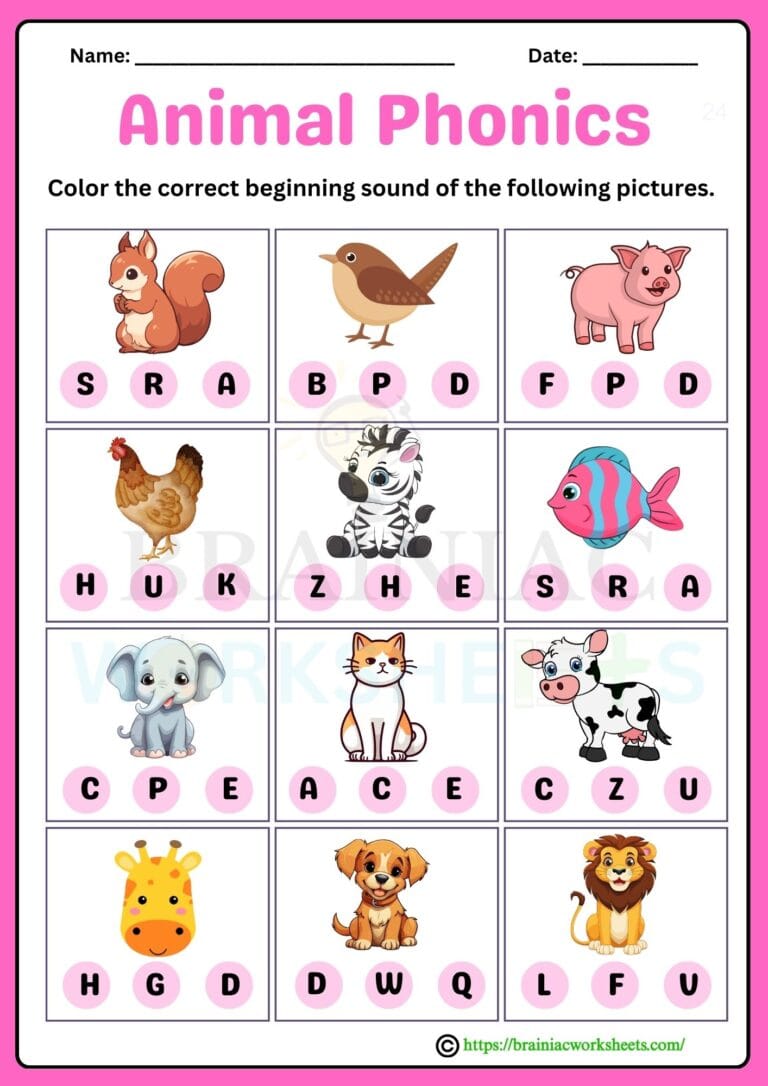 Beginning Sounds Animal Names Phonics Lkg English Worksheet - Brainiac ...