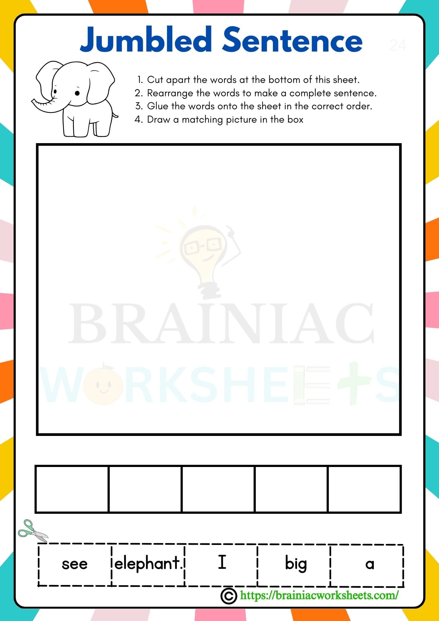Elephant Cut And Paste Jumbled Sentence Drawing English Worksheet For ...