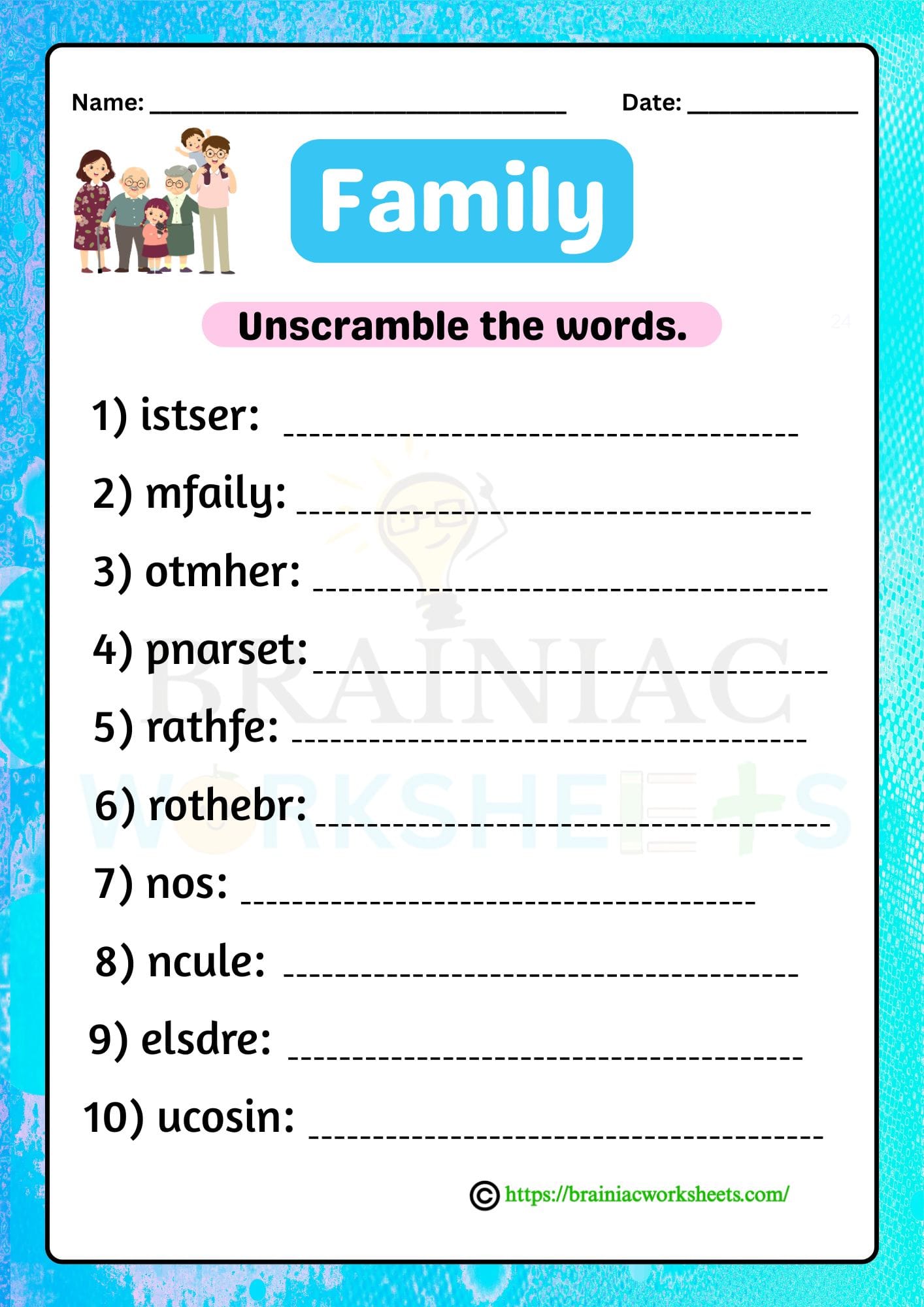 Family Unscramble Word Game English Worksheet For Class 1 - Brainiac ...