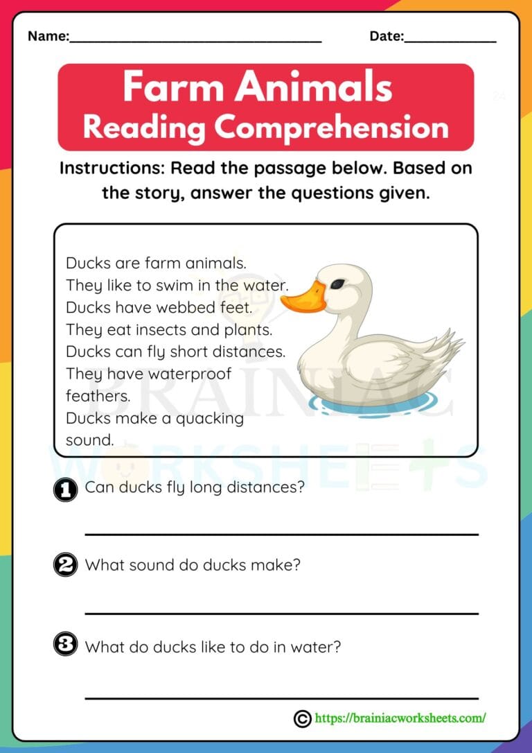 Farm Animals Duck Reading Comprehension English Worksheet For Class 2 ...