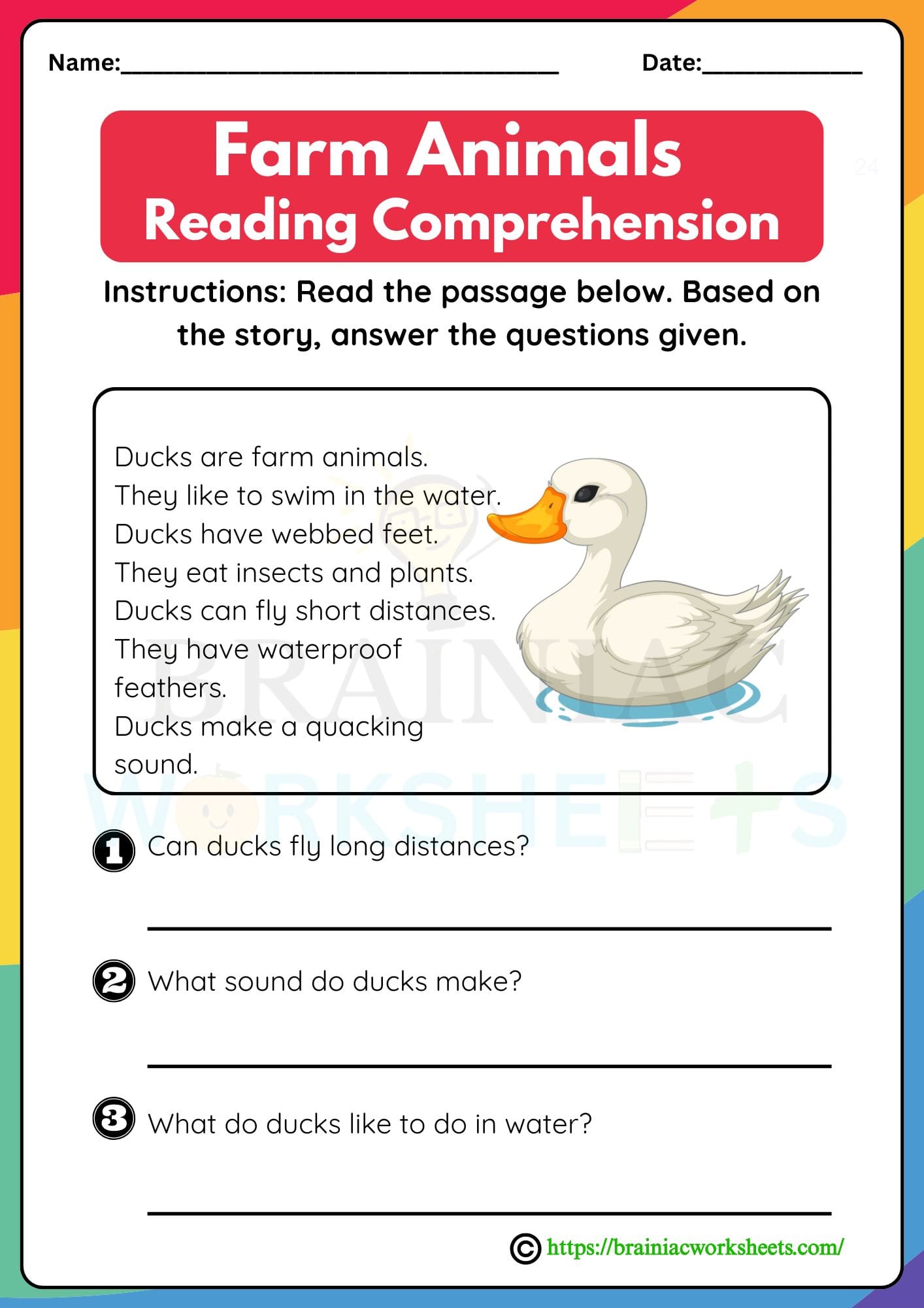 Farm Animals Duck Reading Comprehension English Worksheet For Class 2 ...