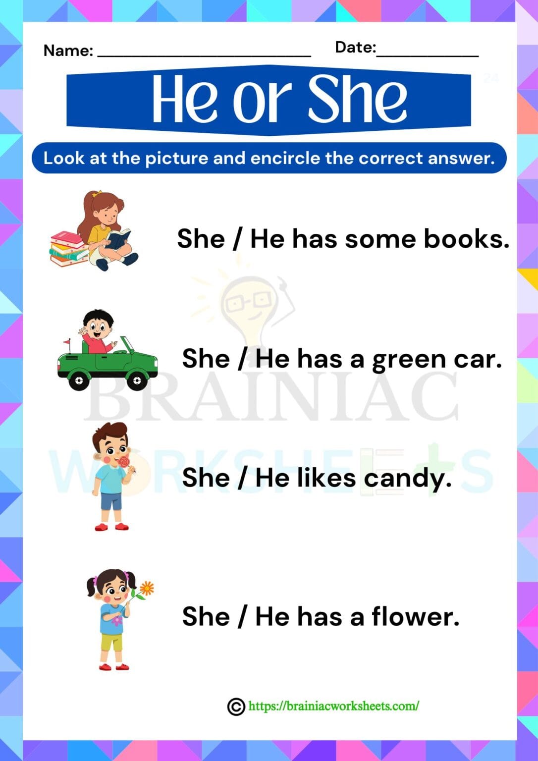 Pronouns He Or She Ukg English Worksheet - Brainiac Worksheets