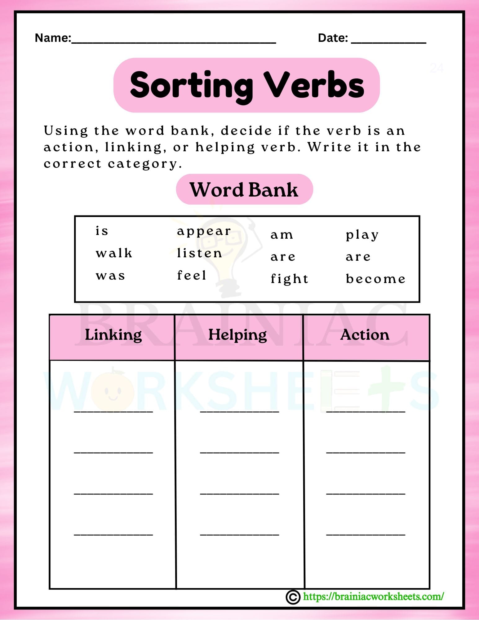 Sorting Verbs English Worksheet For Class 2 - Brainiac Worksheets