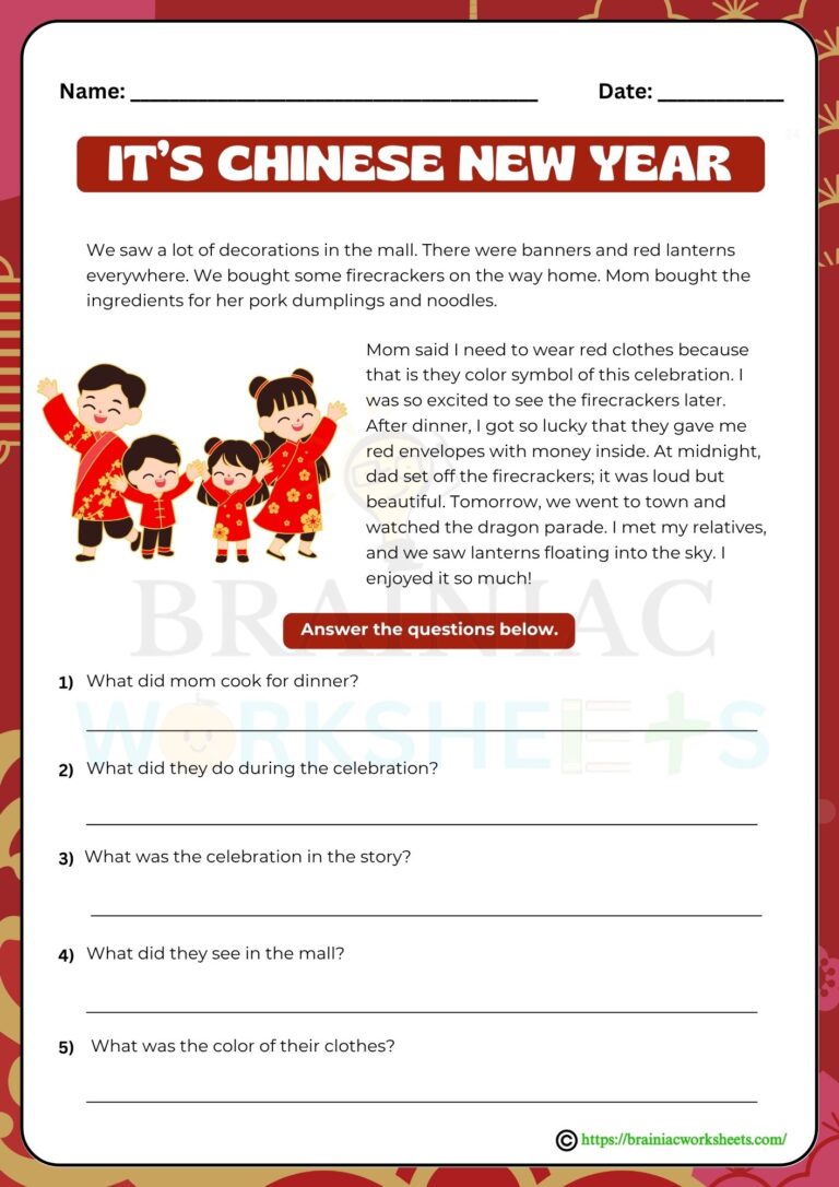 Chinese New Year Reading Comprehension English Worksheet For Class 3 ...