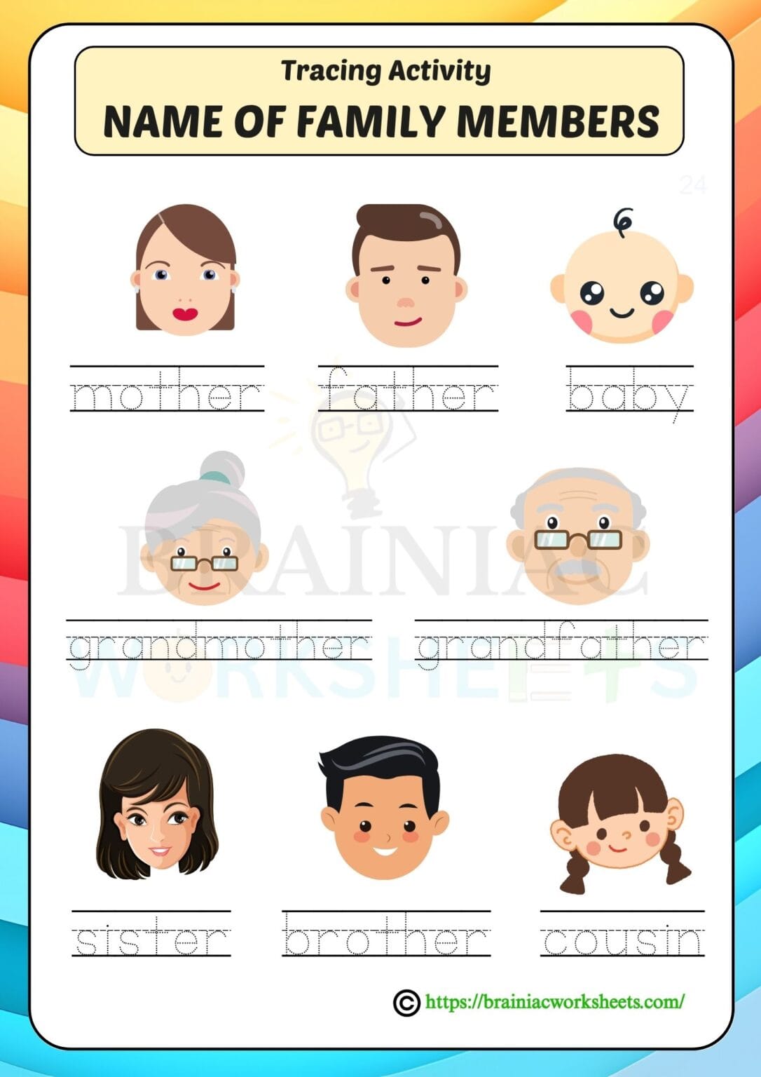 Name of Family Members Tracing Ukg English Worksheet - Brainiac Worksheets