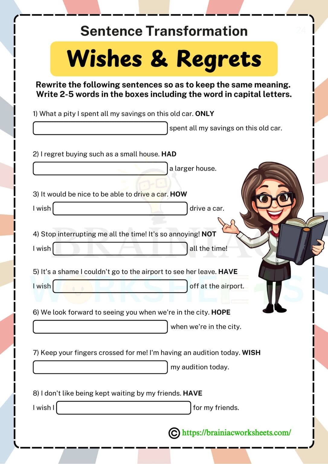Sentence Transformation Wishes & Regrets English Worksheet For Class 5 ...