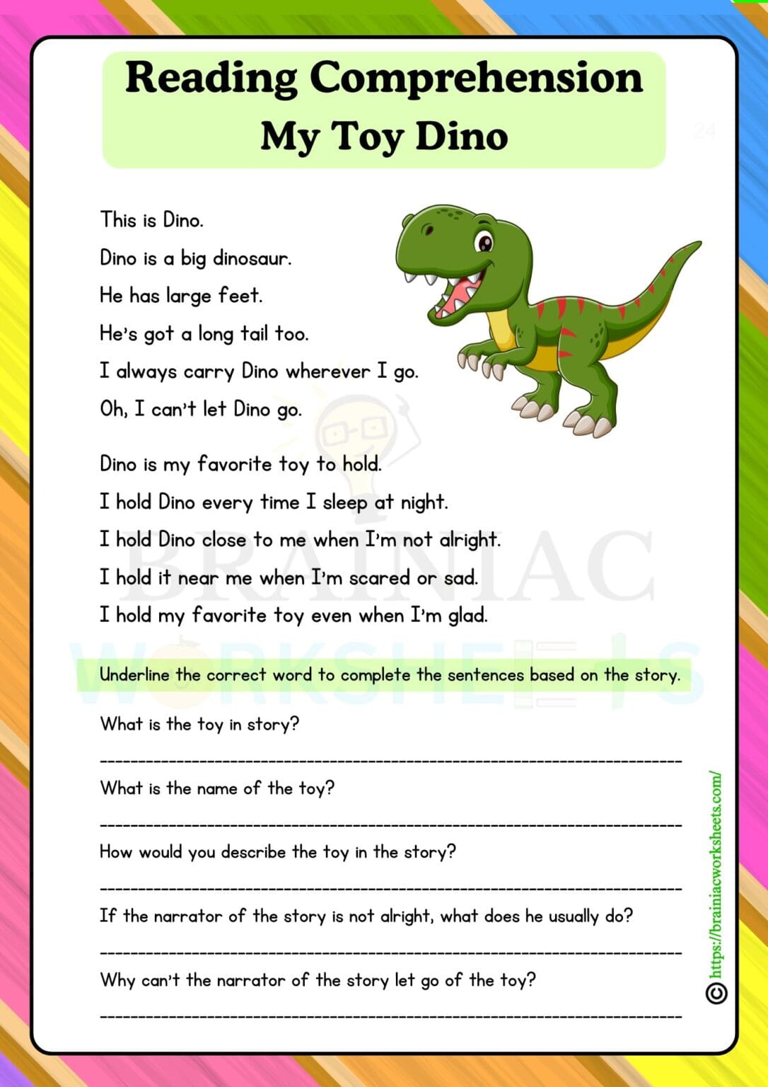 Toy Story Reading Comprehension English Worksheet For Class 2 ...