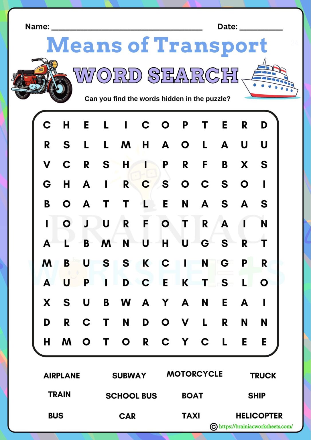 Means Of Transport Word Search English Worksheet For Class 2 - Brainiac ...