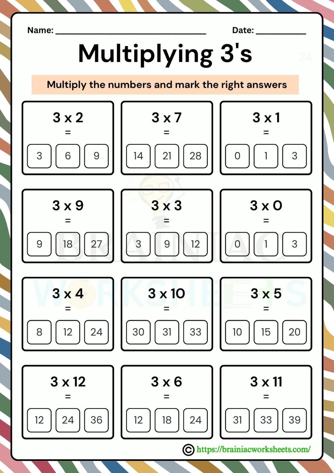 Multiply By 3's Maths Worksheet For Class 3 - Brainiac Worksheets