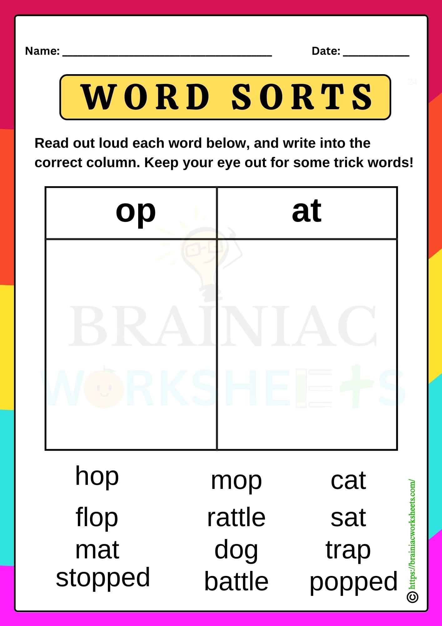Word Sorts At & Op Ukg English Worksheet - Brainiac Worksheets