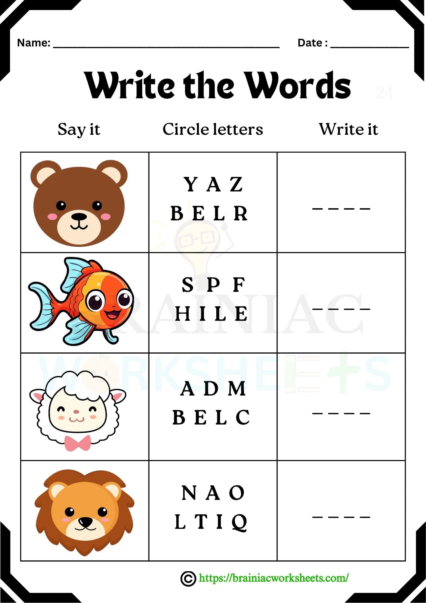 Four Letter Animals Spelling Ukg English Worksheet - Brainiac Worksheets
