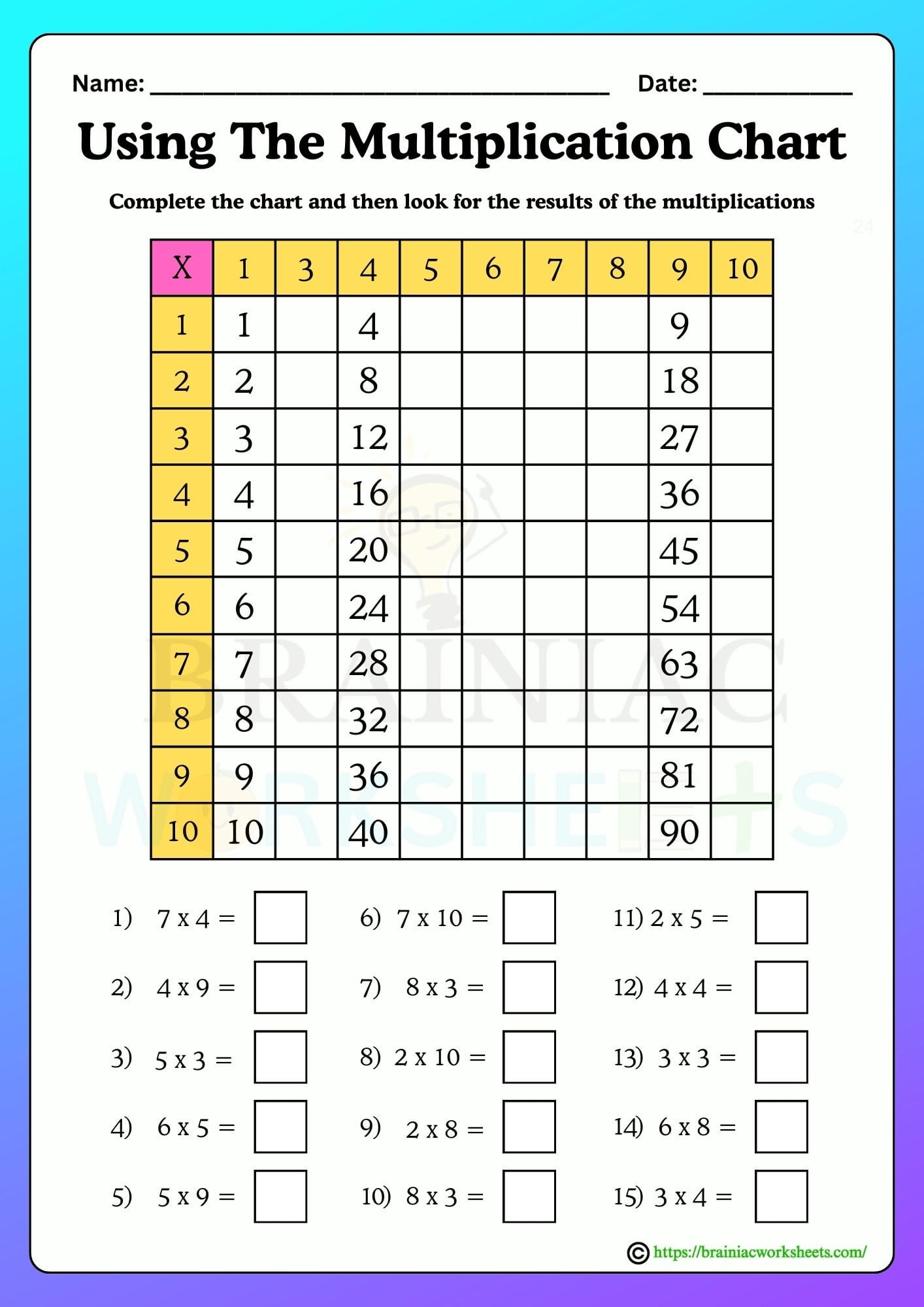 Multiplication Chart Activity 1 Maths Worksheet For Class 3 - Brainiac ...